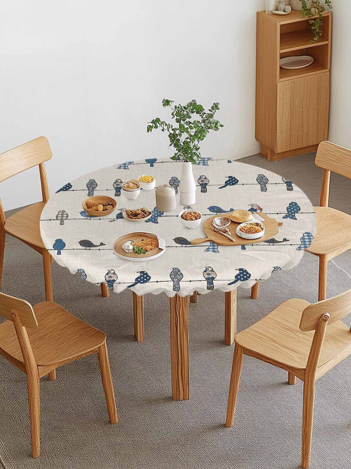 Birds on the Wire Blue Grey Burlap Background Round Fitted Tablecloth ...