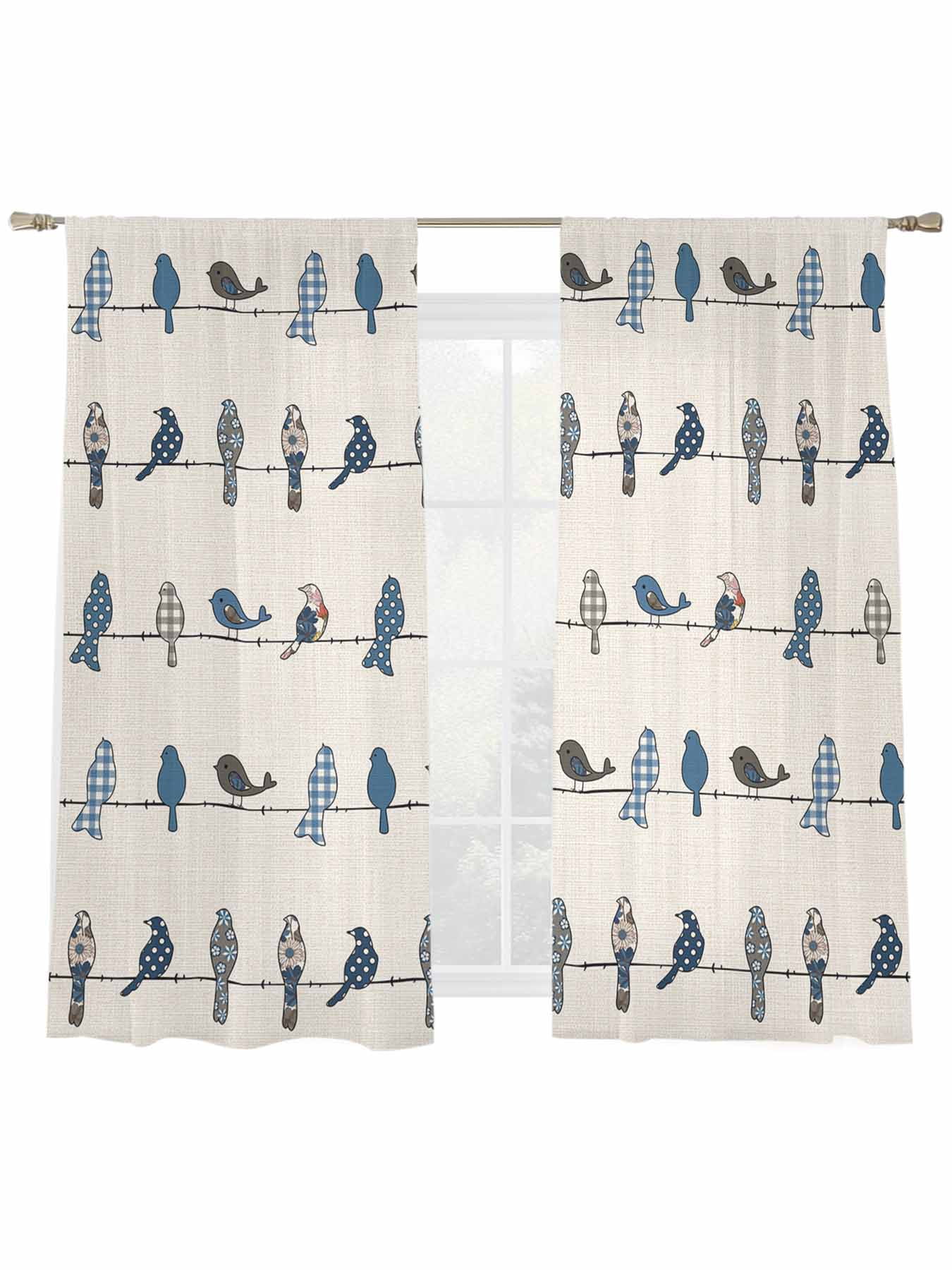 Birds on the Wire Blue Grey Burlap Background Sheer Curtains 2 Panels ...