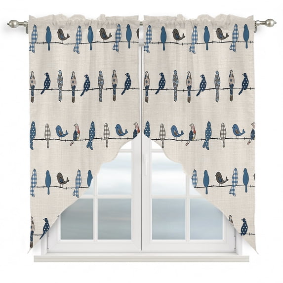 Birds on the Wire Blue Grey Burlap Background Swag Curtain Valance for ...