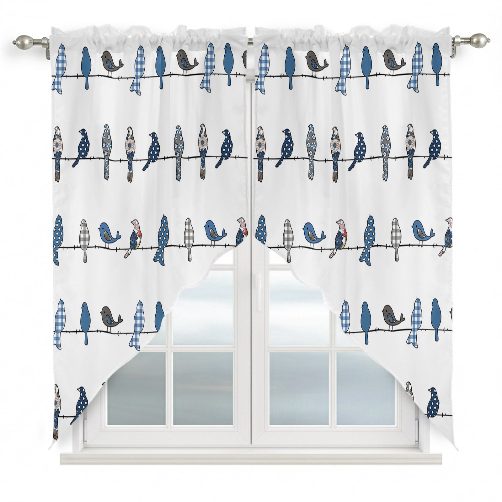 Birds on the Wire Blue Grey Swag Valances for Windows 45 inches Long ...