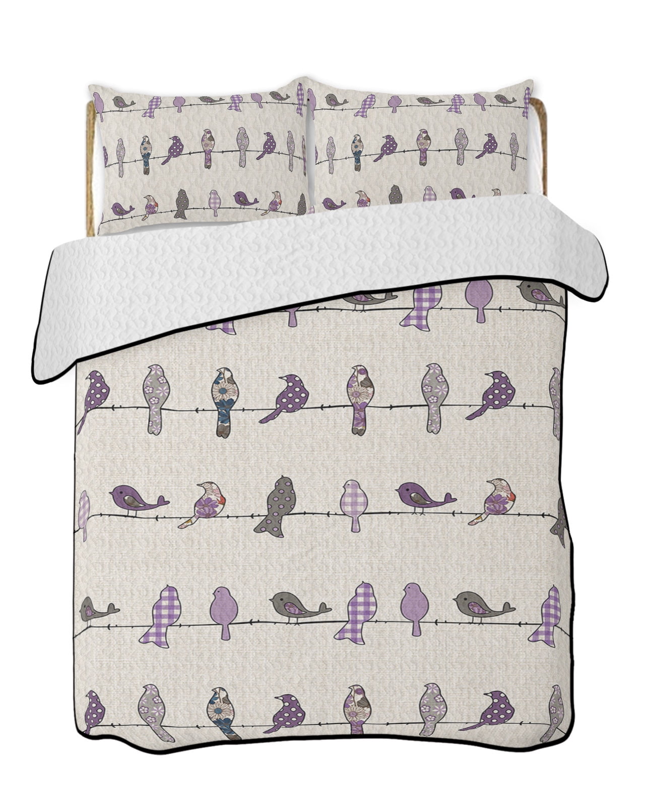 Birds on the Wire Purple Grey Burlap Background 3 Piece Quilt Bedding ...
