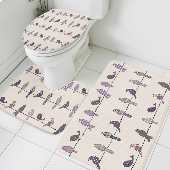 Birds on the Wire Purple Grey Burlap Background Bathroom Rugs Set Non ...