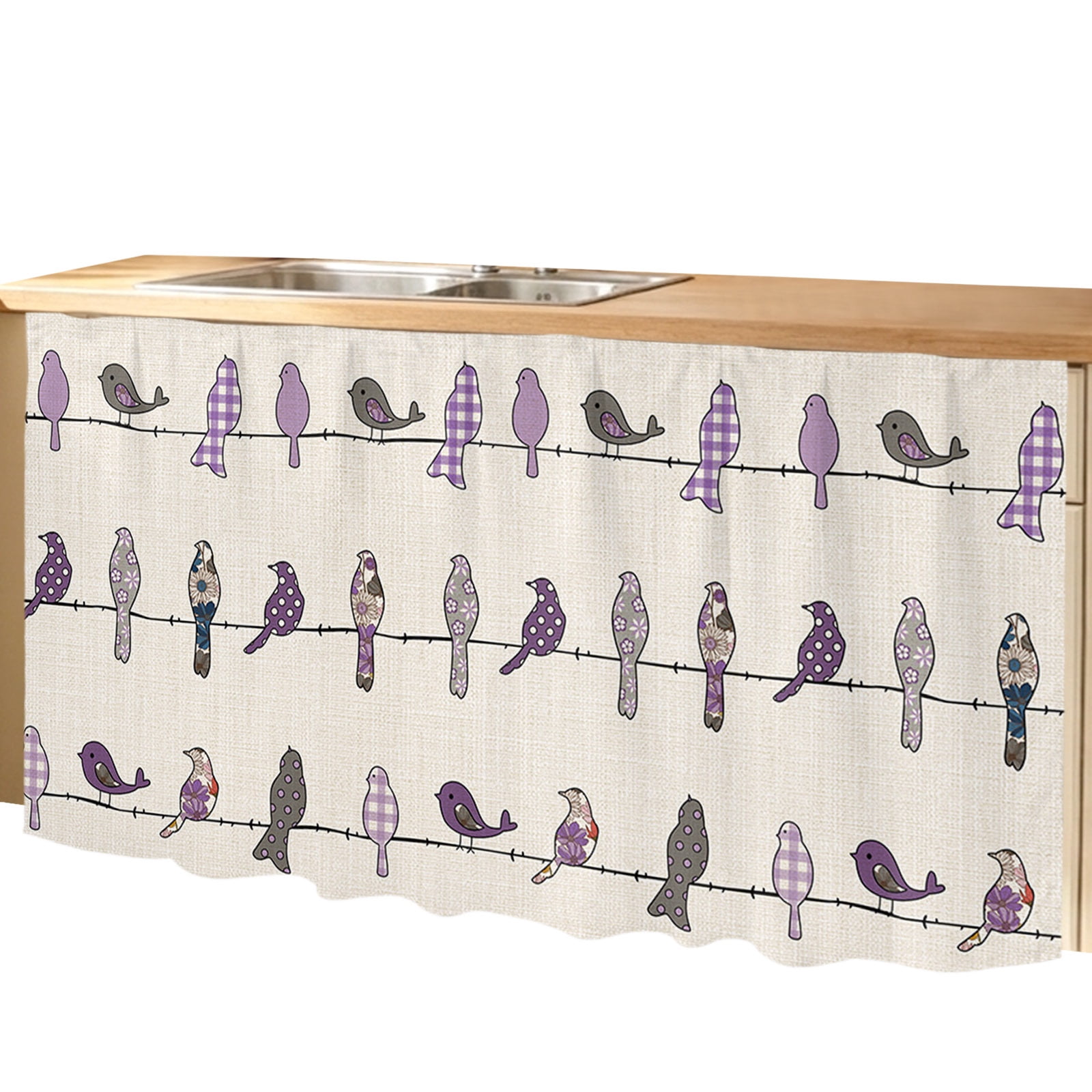 Birds on the Wire Purple Grey Burlap Background Cabinet Curtains Sink ...