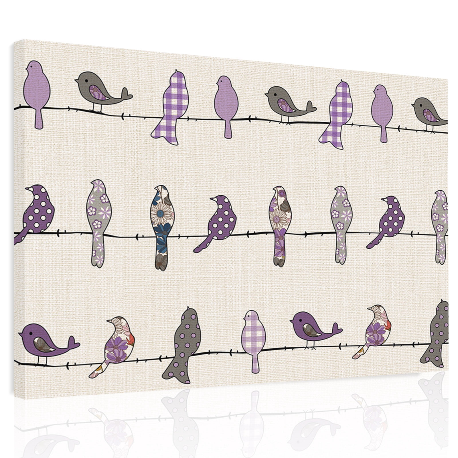 Birds on the Wire Purple Grey Burlap Background Canvas Print Wall Art ...
