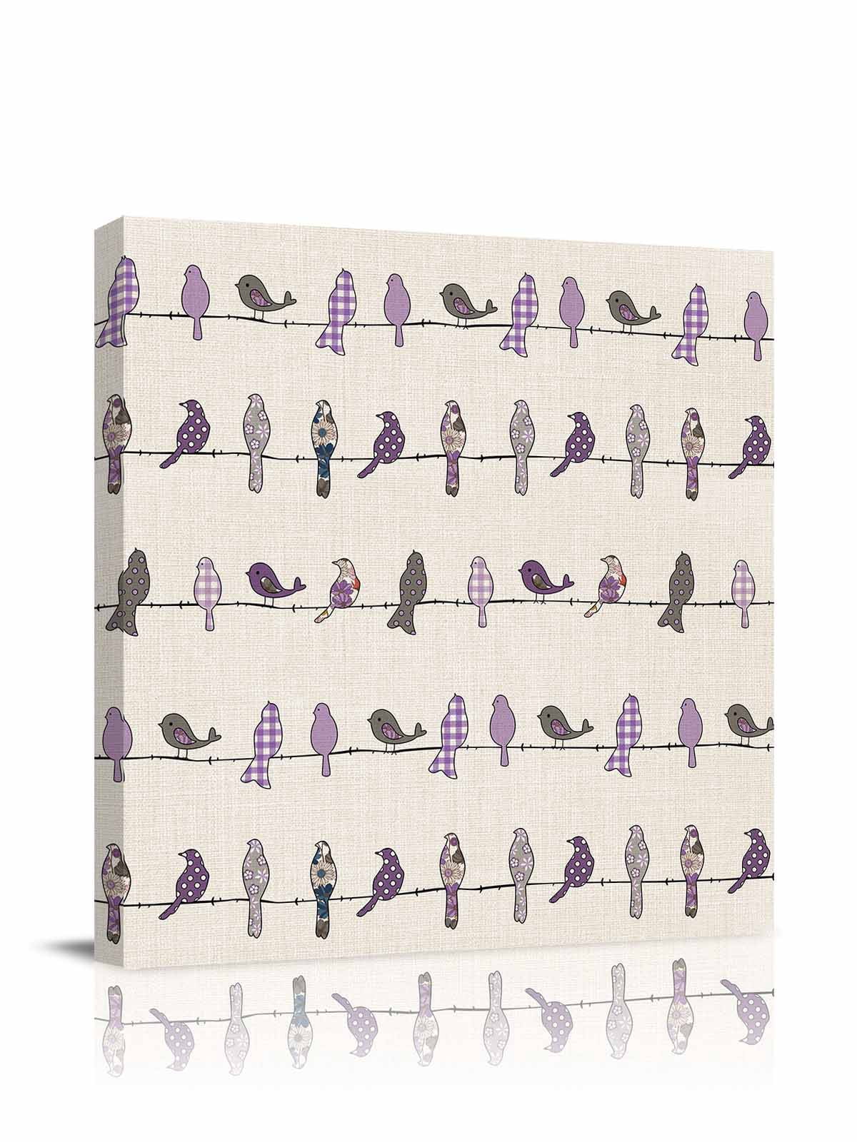 Birds on the Wire Purple Grey Burlap Background Canvas Wall Art, Framed ...