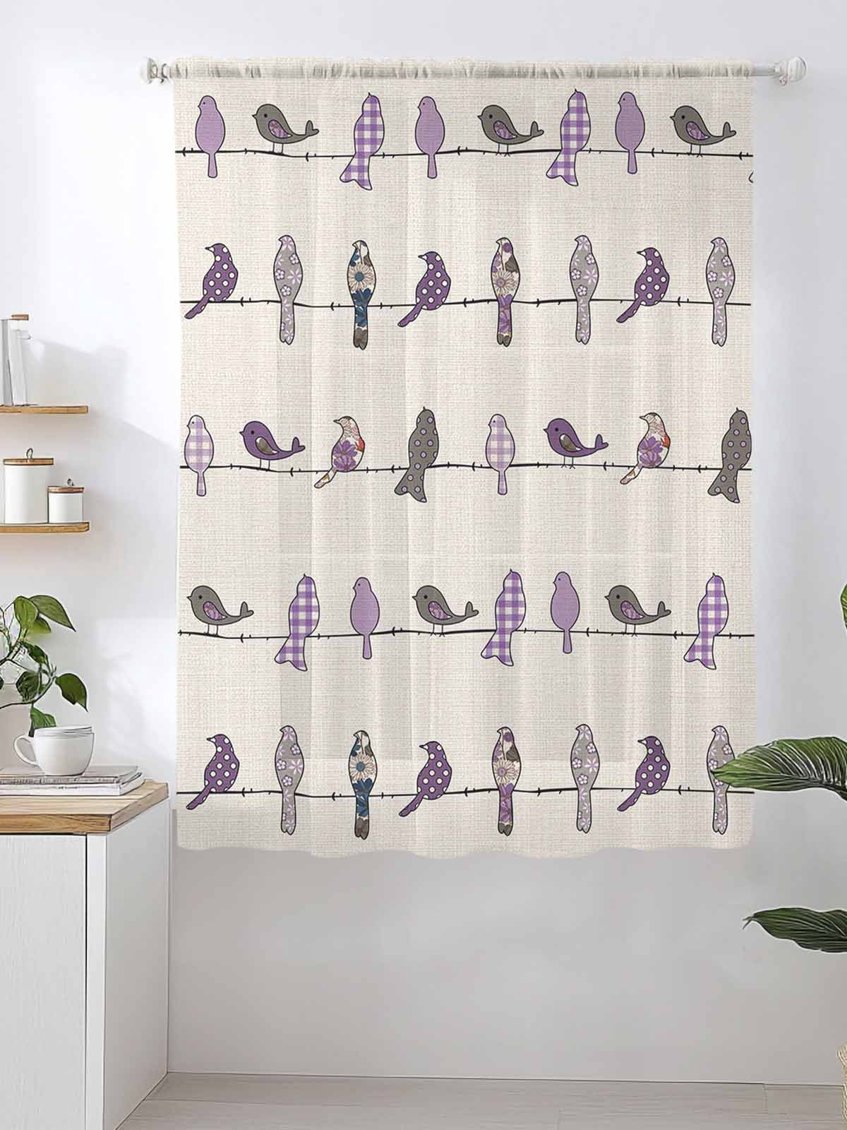Birds on the Wire Purple Grey Burlap Background Sheer Curtains 63 Inch ...