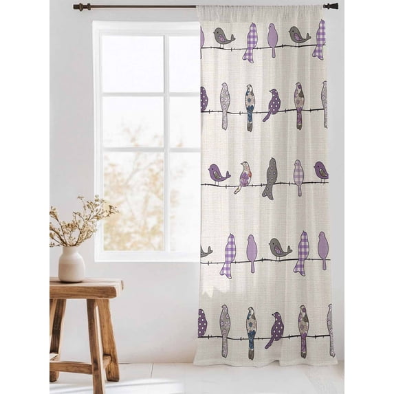 Birds on the Wire Purple Grey Burlap Background Sheer Curtains 96 Inch ...