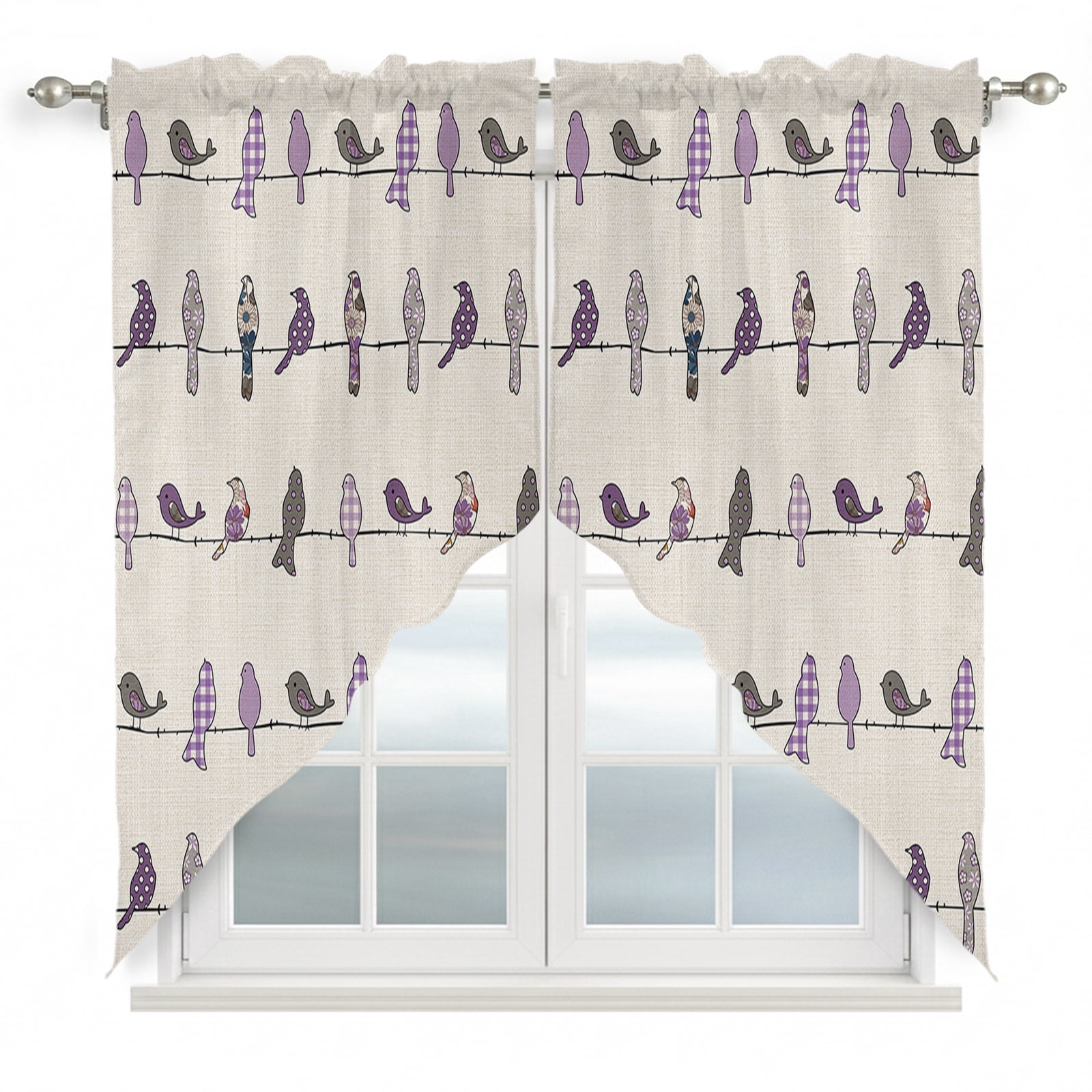 Birds on the Wire Purple Grey Burlap Background Swag Valances for ...