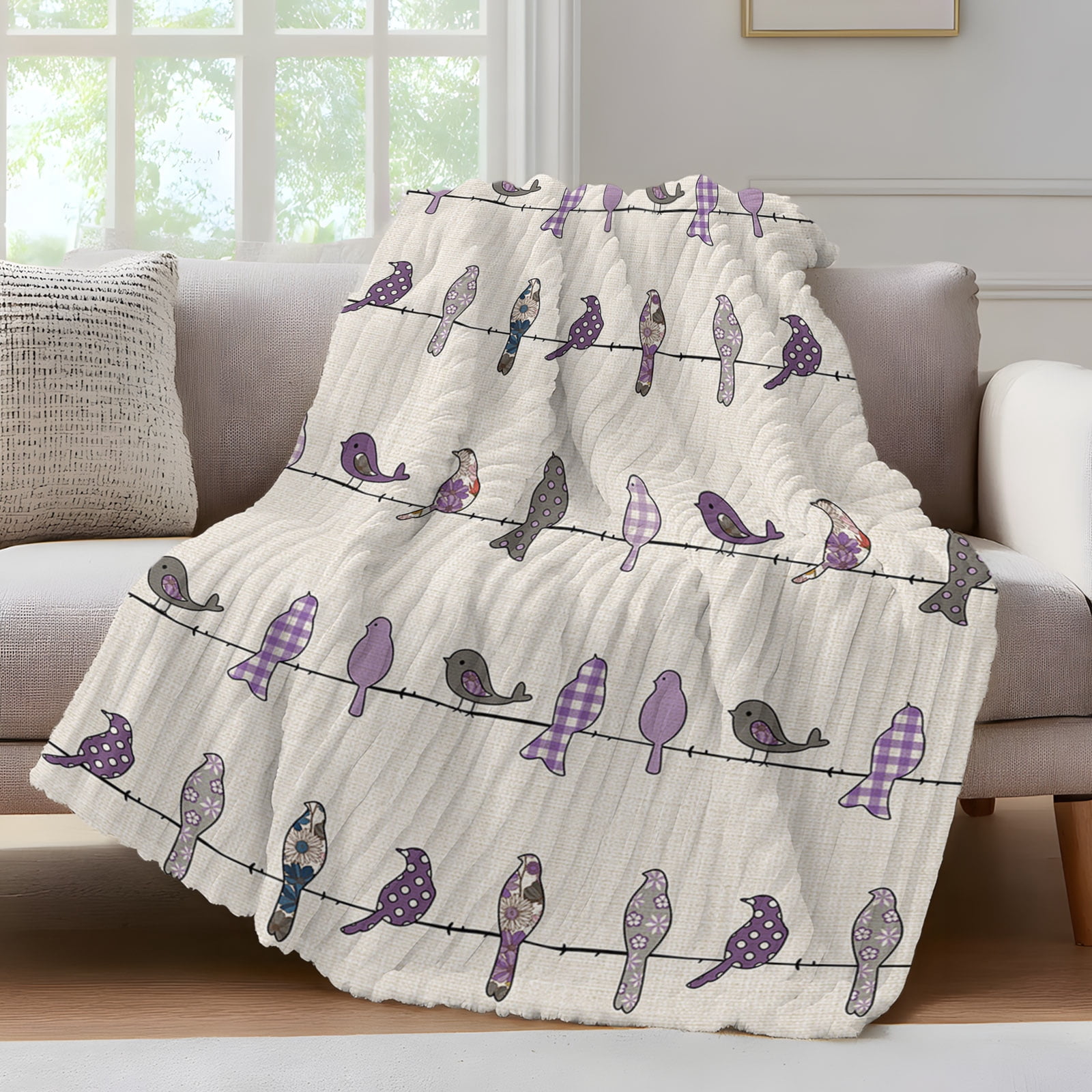 Birds on the Wire Purple Grey Burlap Background Throw Blanket for Couch ...