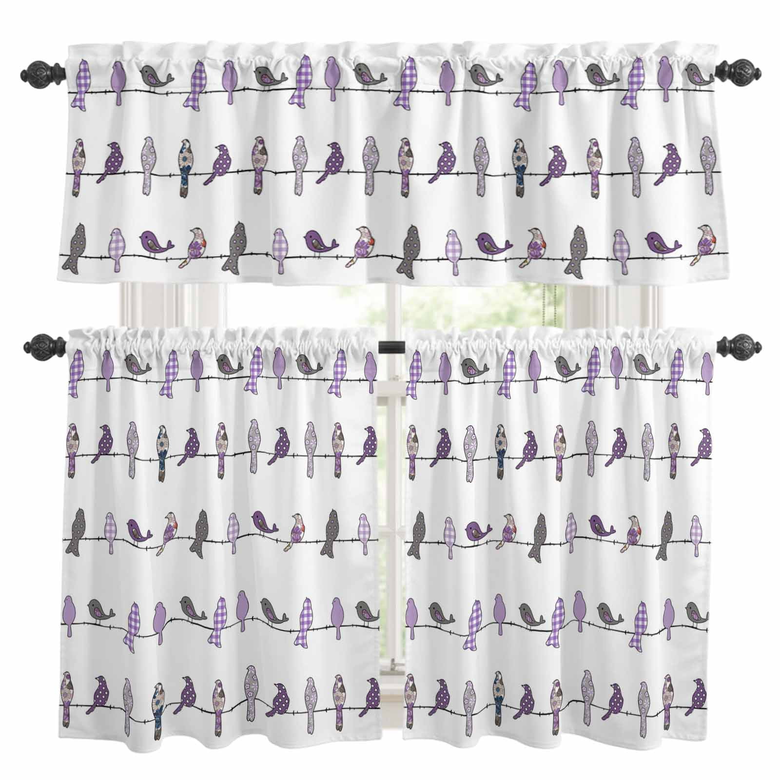 Birds on the Wire Purple Grey Kitchen Curtains and Valances Set, Rod ...