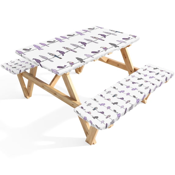Birds on the Wire Purple Grey Picnic Table Cover with Bench Covers ...