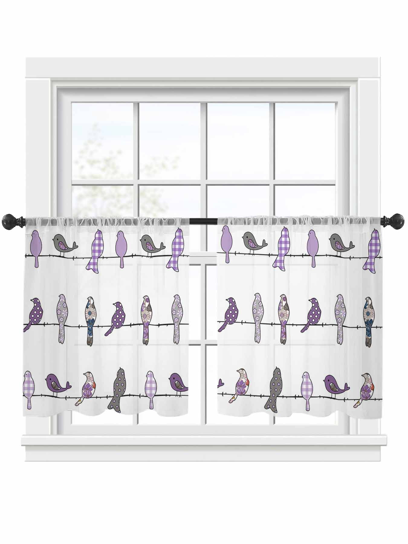 Birds on the Wire Purple Grey Sheer Curtains 2 Panels Set Sheer Window ...