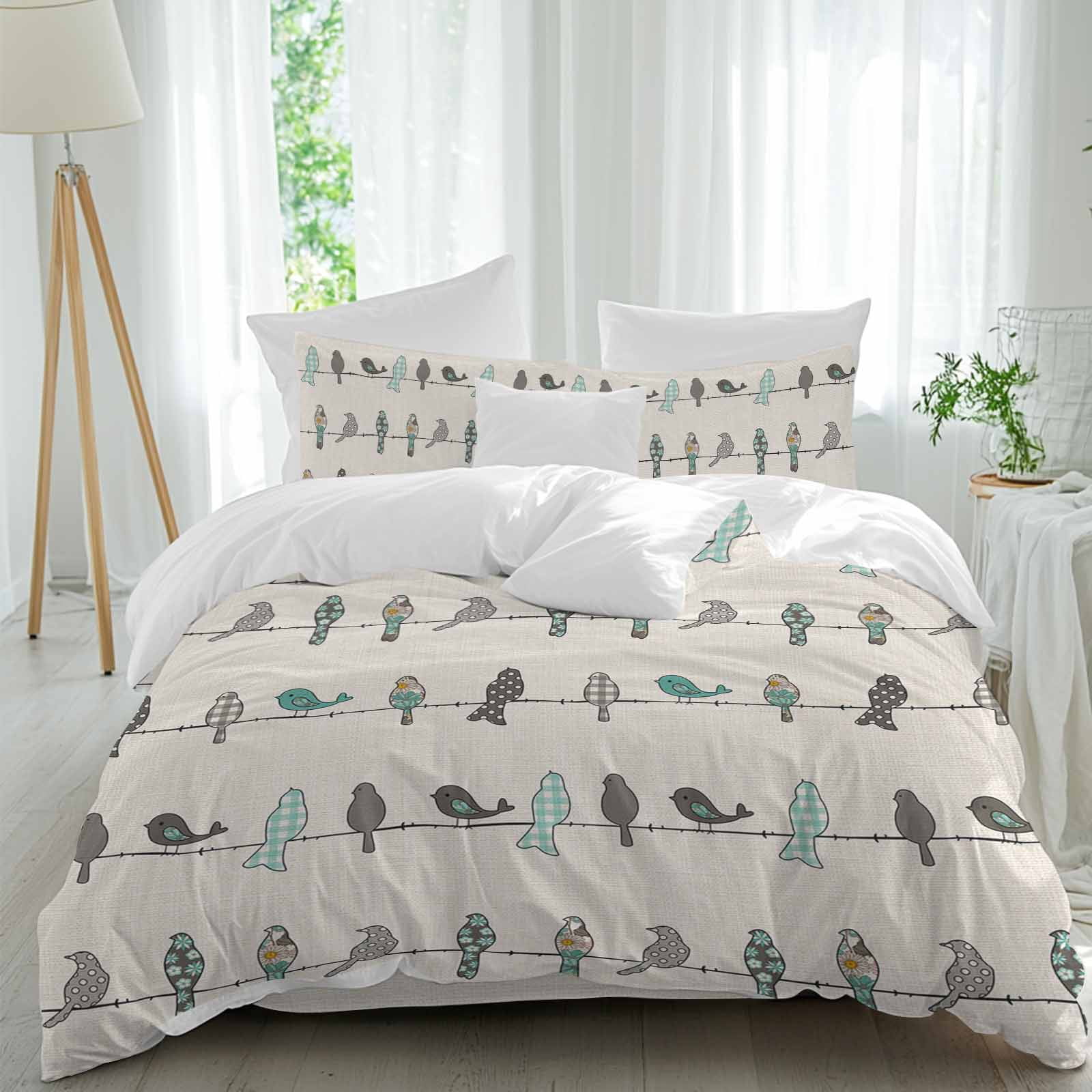 Birds on the Wire Teal Grey Burlap Background 4 Piece Duvet Cover Set ...