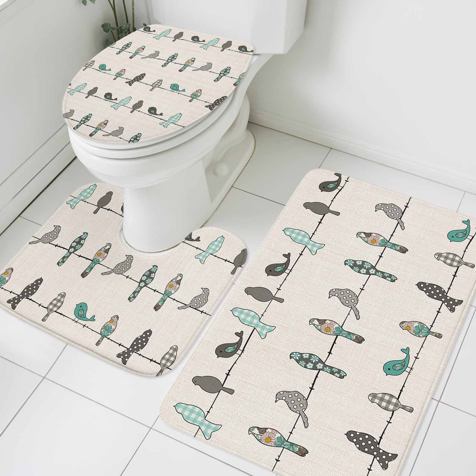 Birds on the Wire Teal Grey Burlap Background Bathroom Rugs Set Non ...