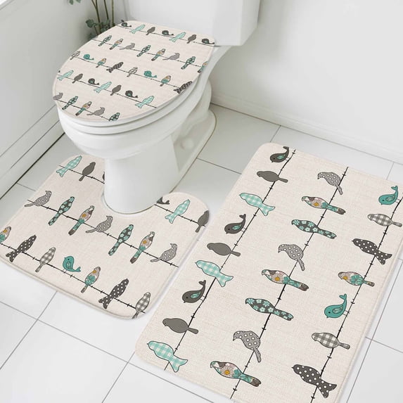 Birds on the Wire Teal Grey Burlap Background Bathroom Rugs Set Non ...
