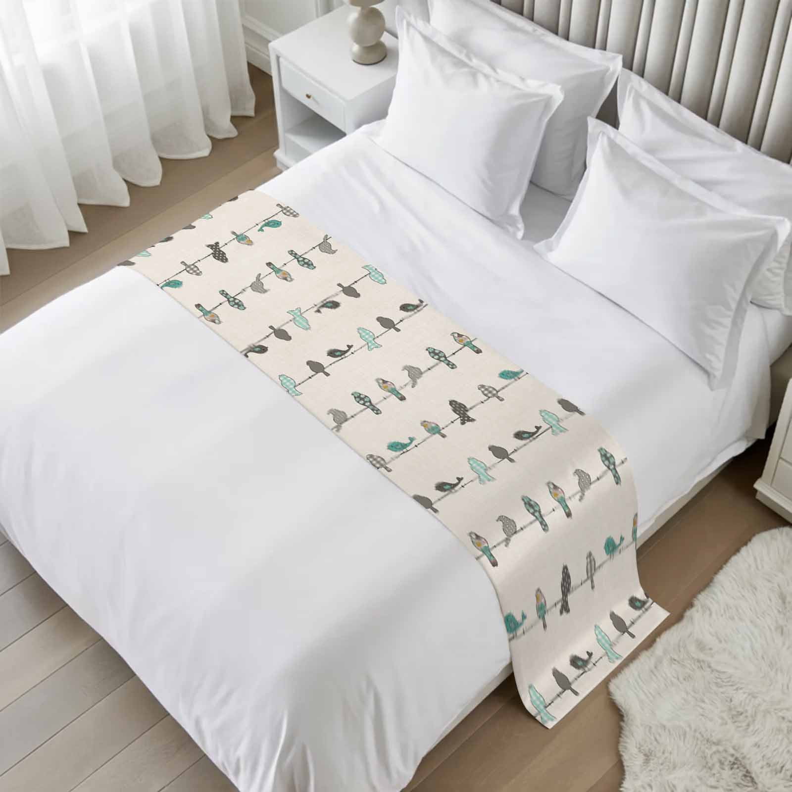Birds on the Wire Teal Grey Burlap Background Bed Runner Scarf, Full ...