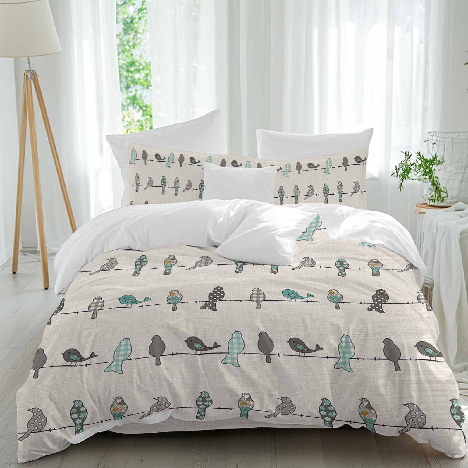 Birds on the Wire Teal Grey Burlap Background Duvet Cover Set King Size ...
