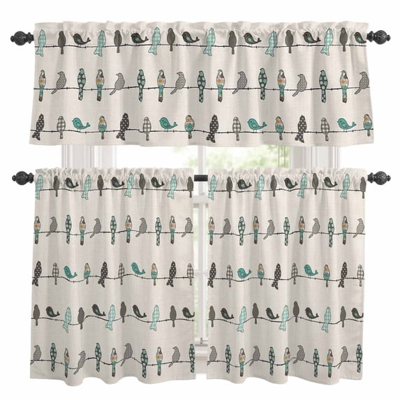 Birds on the Wire Teal Grey Burlap Background Kitchen Curtains and ...