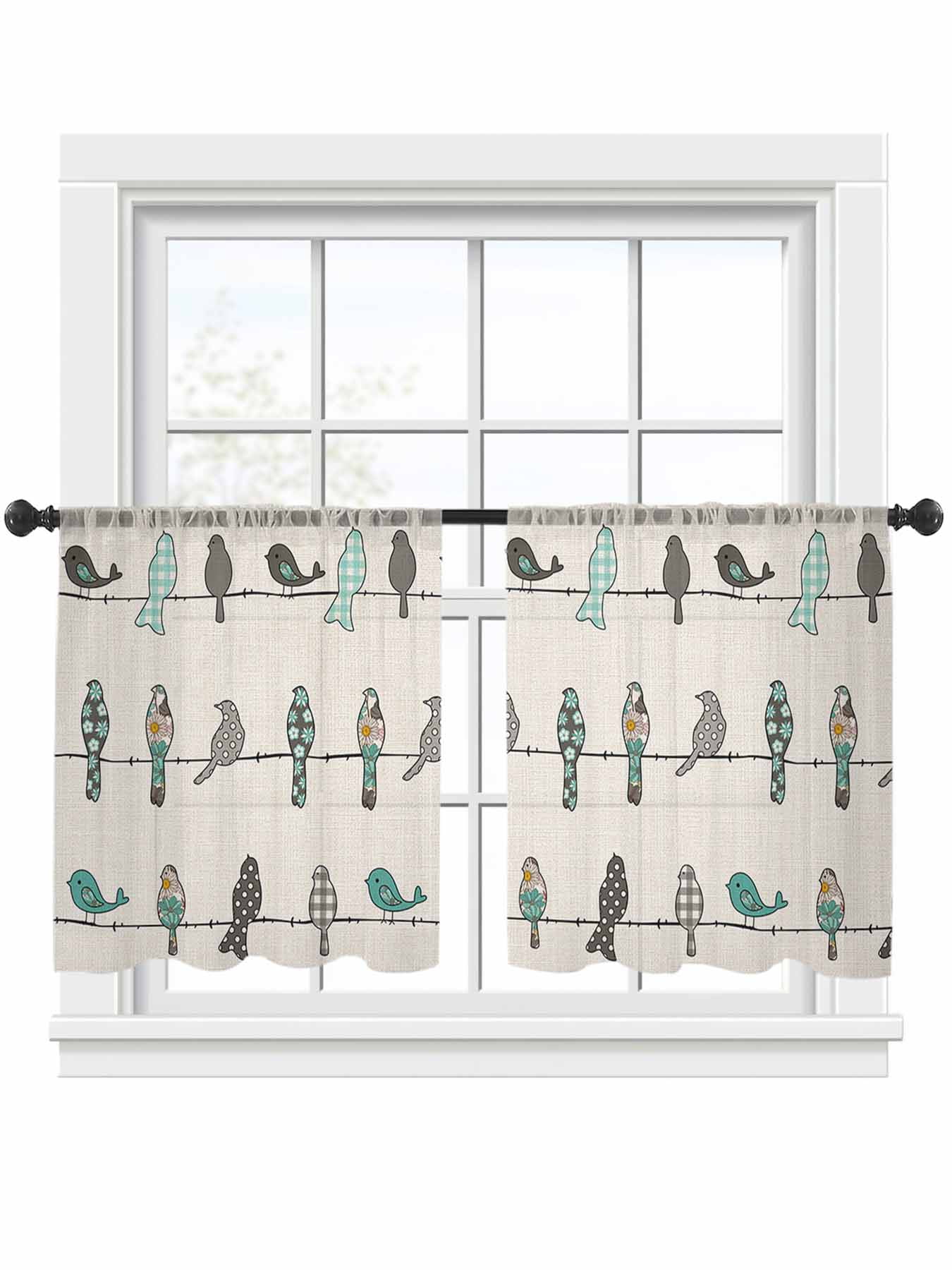 Birds on the Wire Teal Grey Burlap Background Sheer Curtains 2 Panels ...
