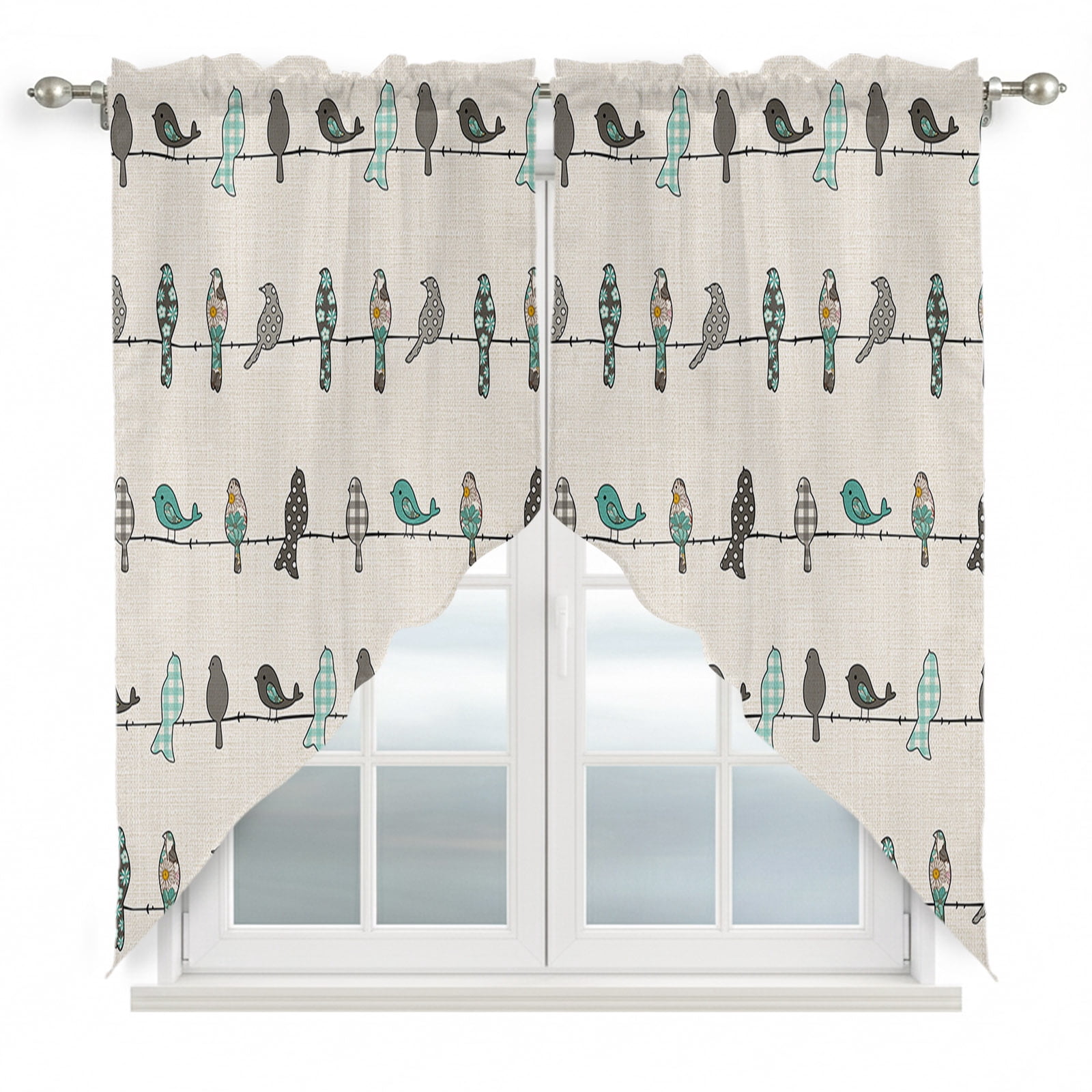 Birds on the Wire Teal Grey Burlap Background Swag Valances for Windows ...