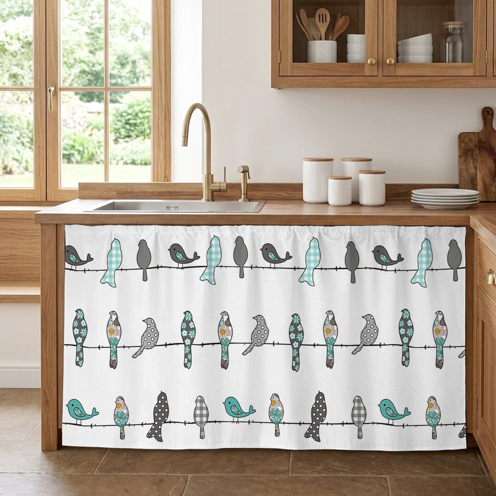 Birds on the Wire Teal Grey Cabinet Curtains 28" W x 51" L, Under-Desk ...