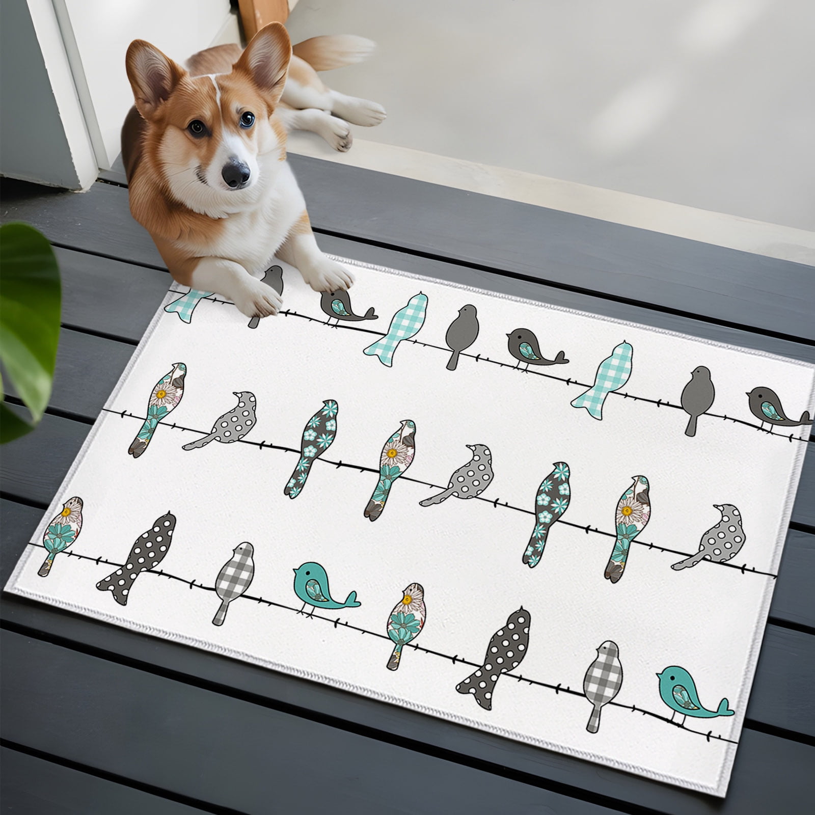 Birds on the Wire Teal Grey Entryway Area Rug 2x3 Low-Profile Area Rugs ...