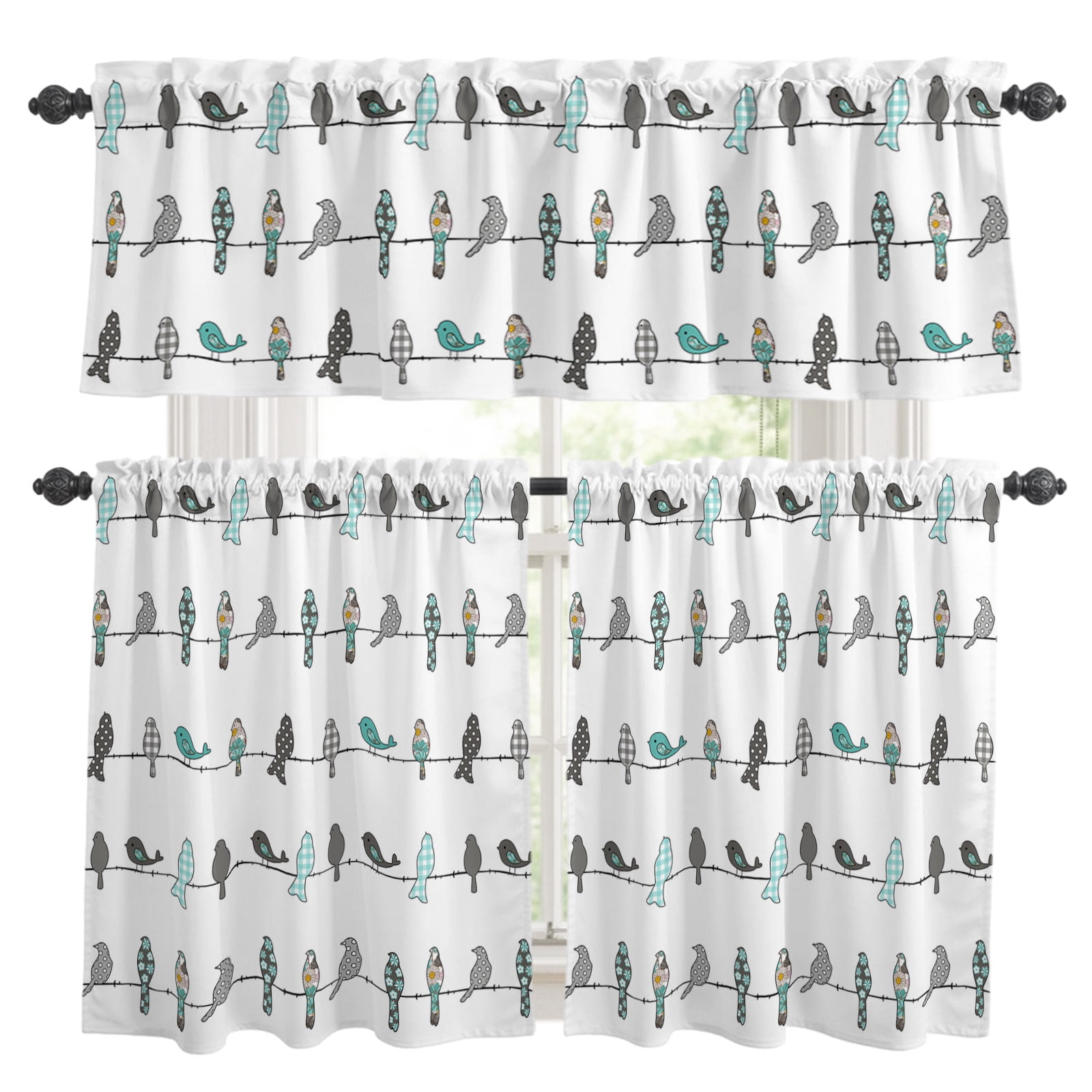 Birds on the Wire Teal Grey Kitchen Curtains Set for Windows, Curtains ...