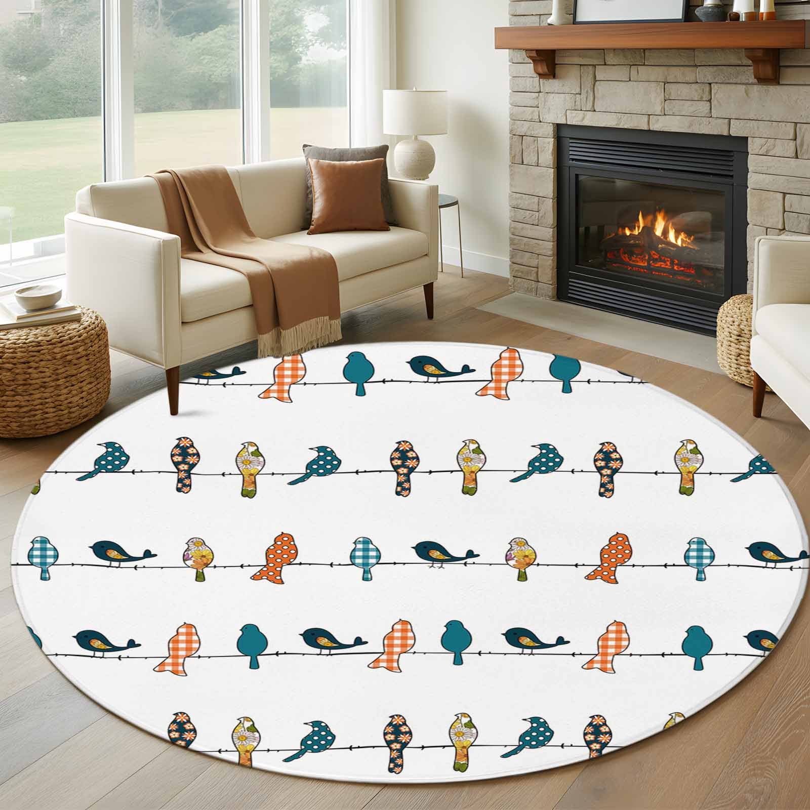 Birds on the Wire Teal Grey Orange 7FT Round Area Rugs for Living Room ...