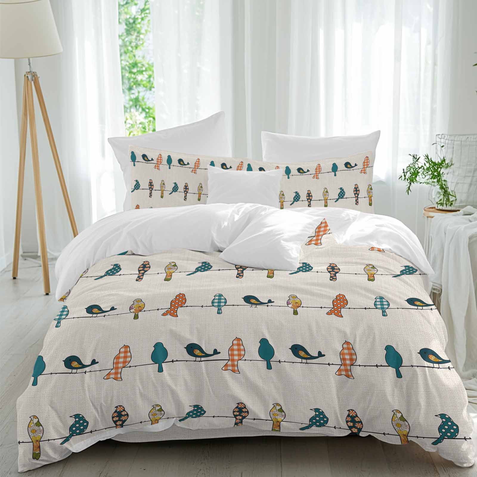 Birds on the Wire Teal Grey Orange Burlap Background 4 Piece Duvet ...