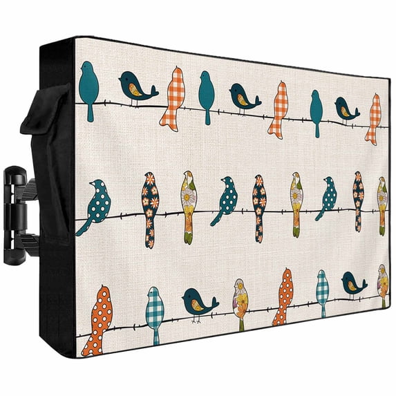 Birds on the Wire Teal Grey Orange Burlap Background Outdoor TV Cover ...