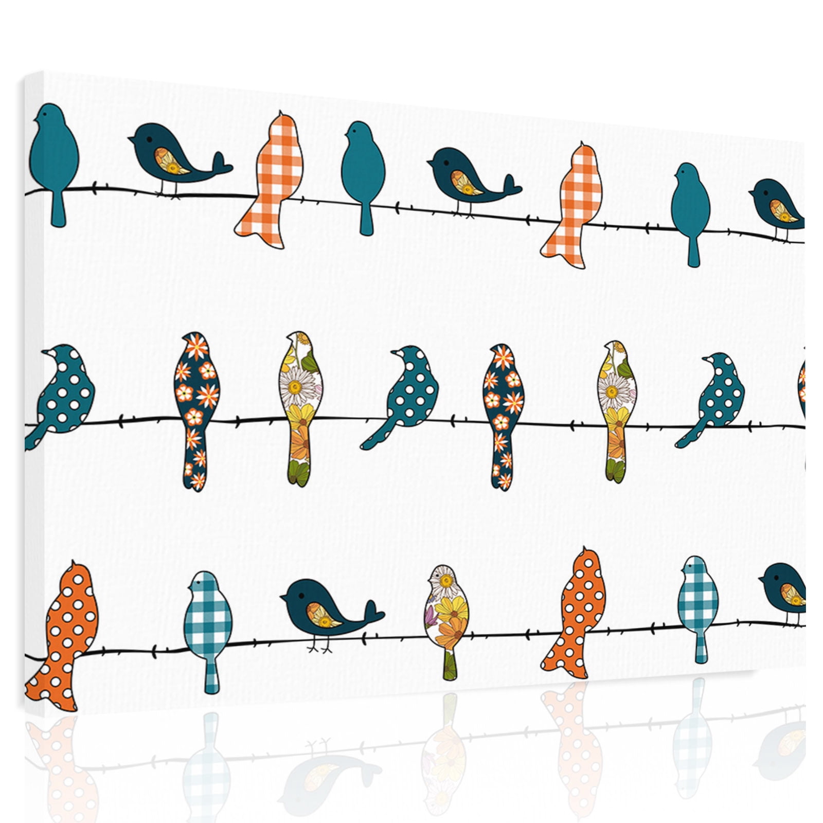 Birds on the Wire Teal Grey Orange Canvas Print Wall Art, - Wall Decor ...