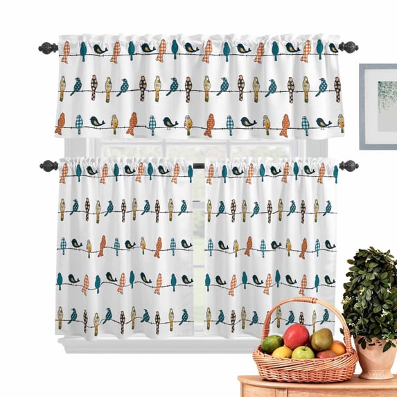 Birds on the Wire Teal Grey Orange Kitchen Curtains Valances 3 Piece ...