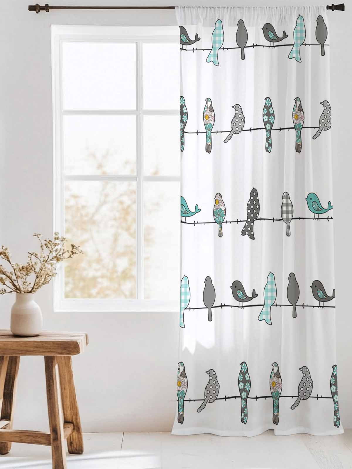 Birds on the Wire Teal Grey Sheer Curtains 108 Inch Long 1 Panel Light ...