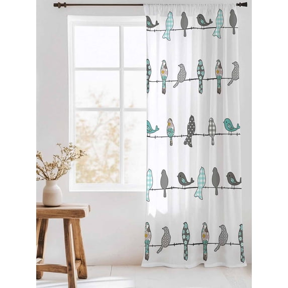 Birds on the Wire Teal Grey Sheer Curtains 108 Inch Long 1 Panel Light ...