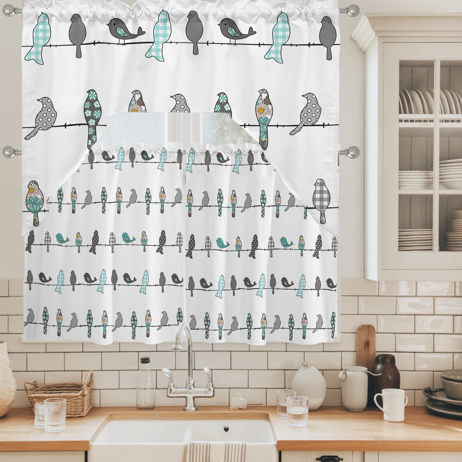 Birds on the Wire Teal Grey Swag Curtains Valance and Tier Set, Swag ...