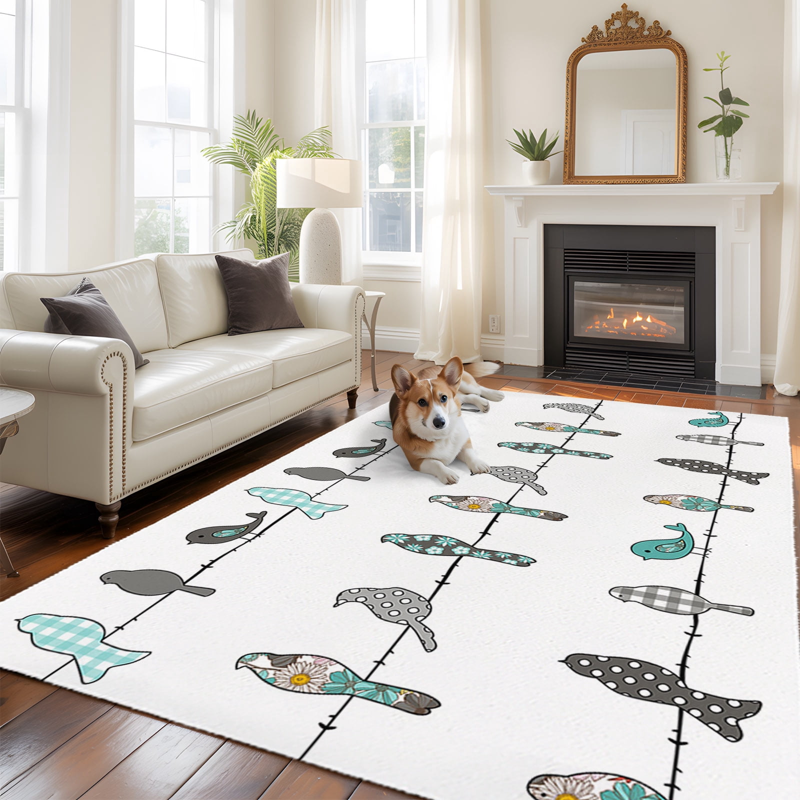 Birds on the Wire Teal Grey Washable Area Rug 8x10 Low-Profile Large ...