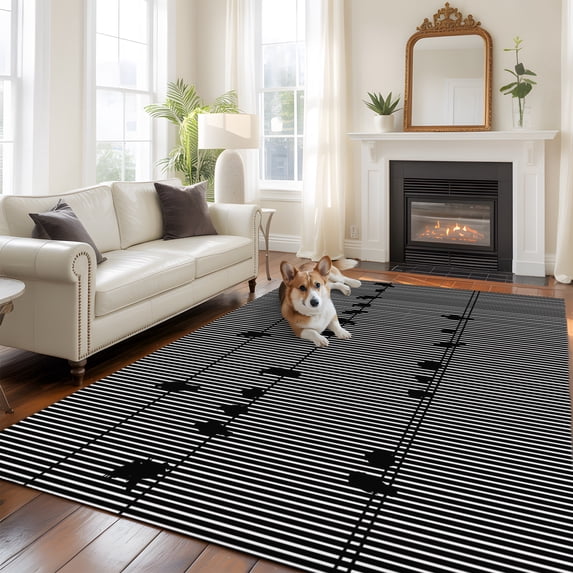 Birds on Wire Washable Area Rug 5x7 Modern Minimalist Orange Gray White ...