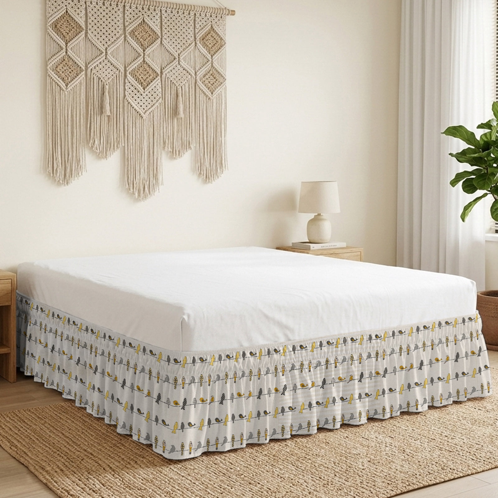 Birds on the Wire Yellow Grey Orange Burlap Background Bed Skirt ...