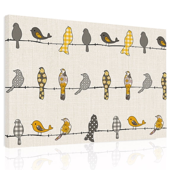 Birds on the Wire Yellow Grey Orange Burlap Background Canvas Print ...