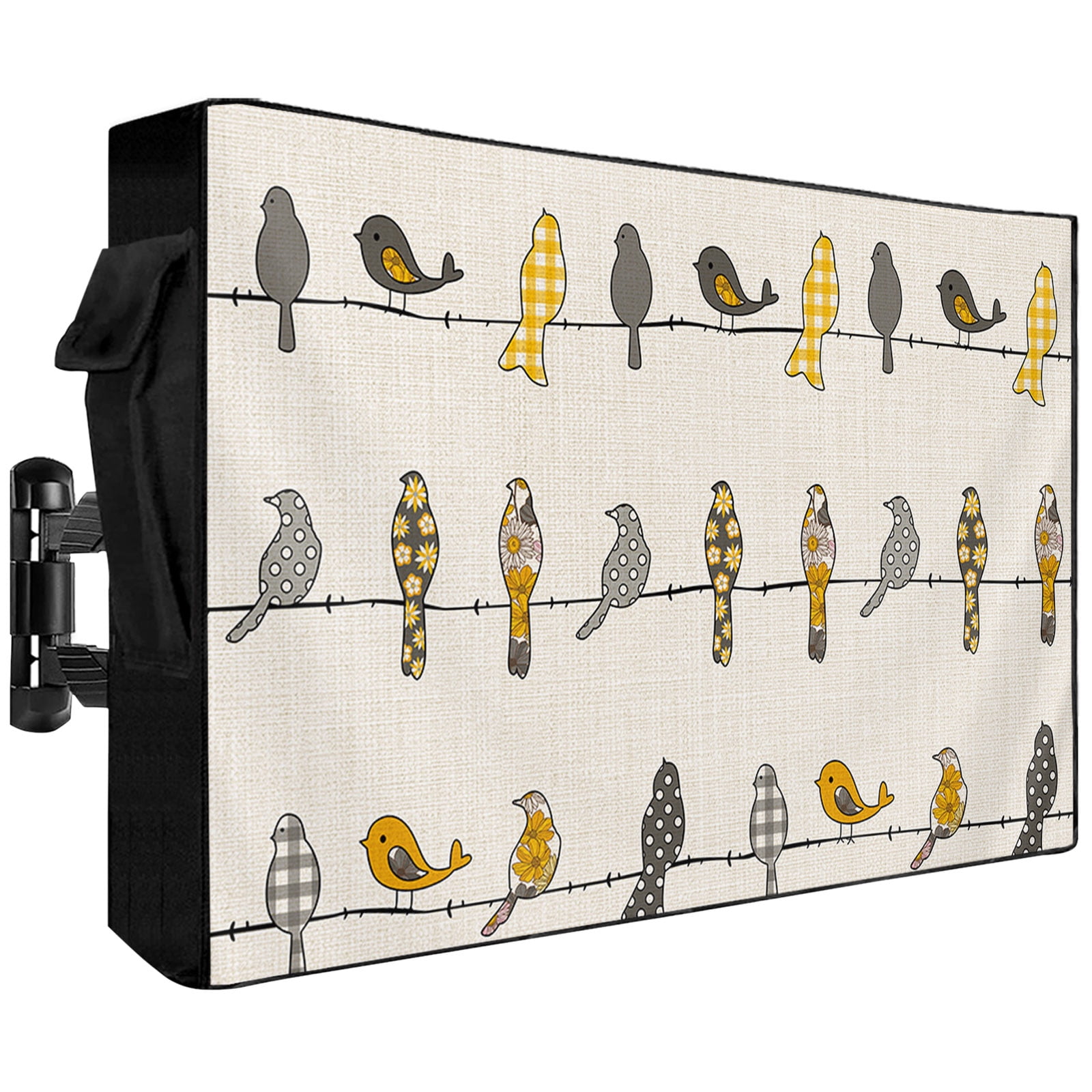 Birds on the Wire Yellow Grey Orange Burlap Background Outdoor TV Cover ...