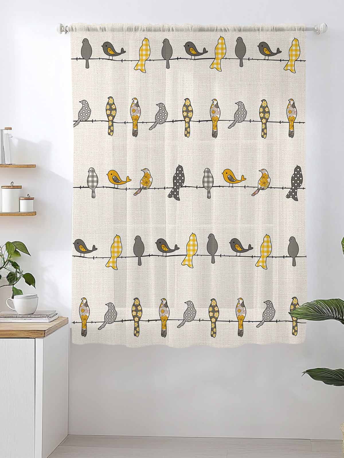 Birds on the Wire Yellow Grey Orange Burlap Background Sheer Curtains ...