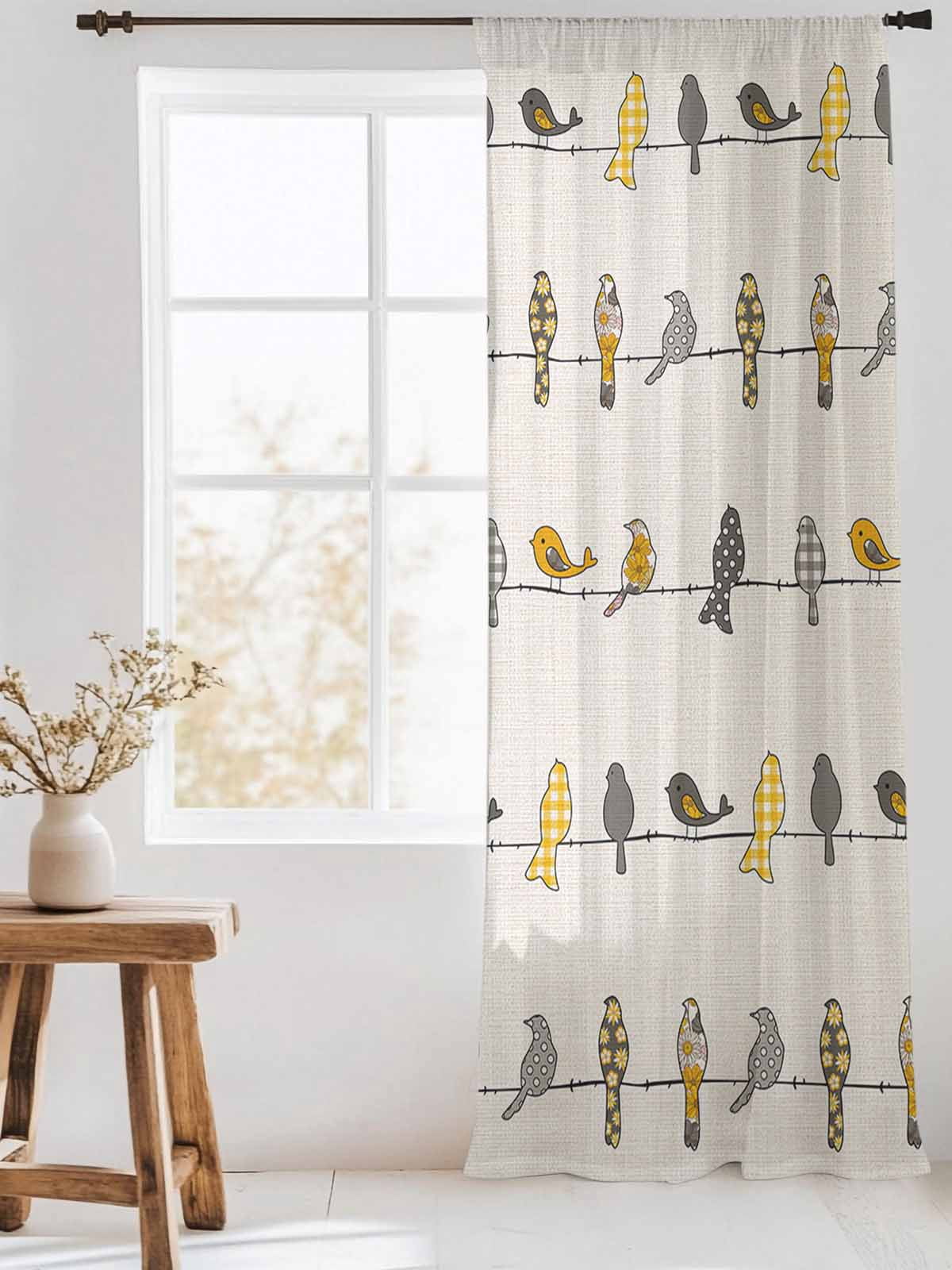 Birds on the Wire Yellow Grey Orange Burlap Background Sheer Curtains ...