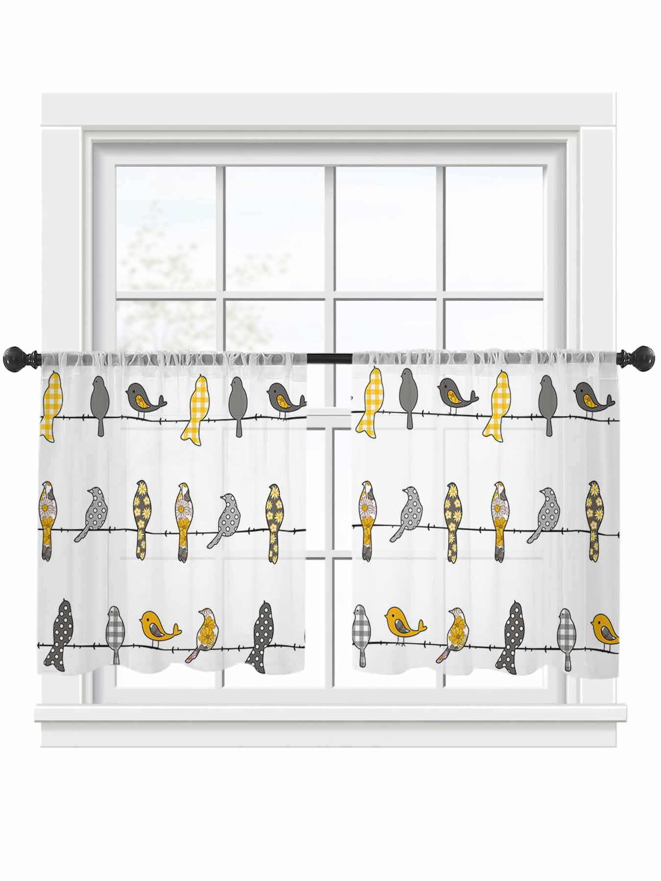 Birds on the Wire Yellow Grey Orange Sheer Curtains 2 Panels Set Sheer ...