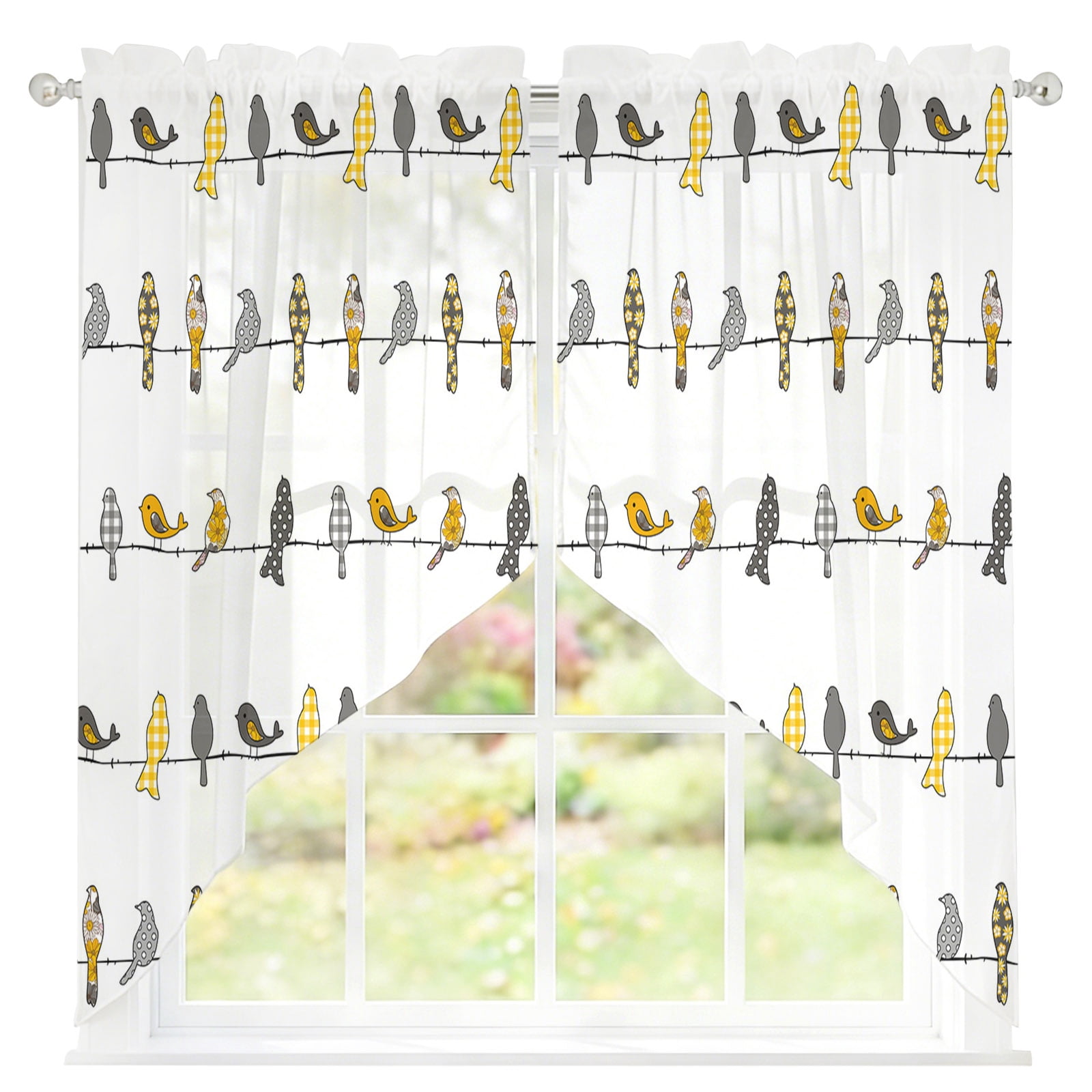 Birds on the Wire Yellow Grey Orange Sheer Curtains Swag Valances for ...
