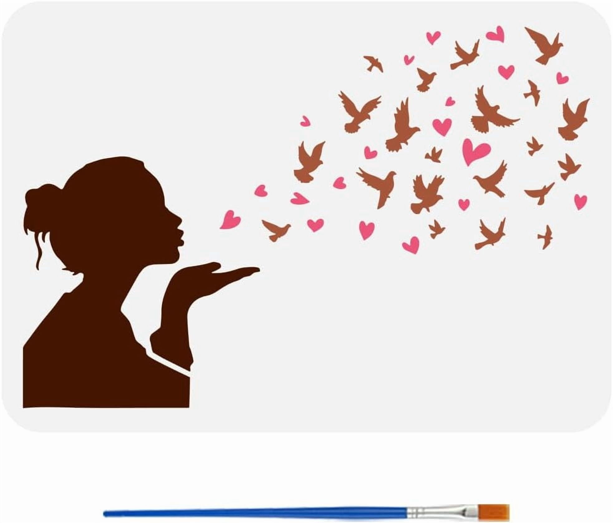 Birds Women Love Pattern Painting Stencils with Brush 8.3x11.7inch ...
