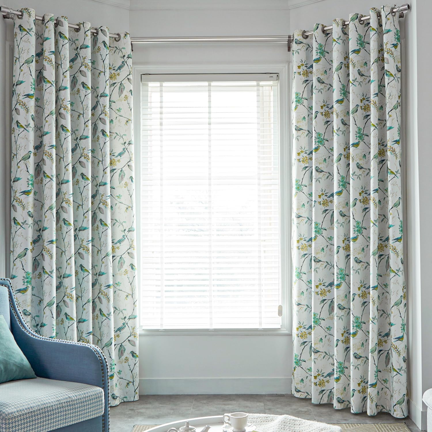 Birds and Flower Print Linen Grommet Curtains Window Panels for Bedroom Living Room, One Panel ...