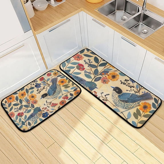 Birds and Flowers Kitchen Mats Non Slip Standing Desk Mat Runner Rug ...