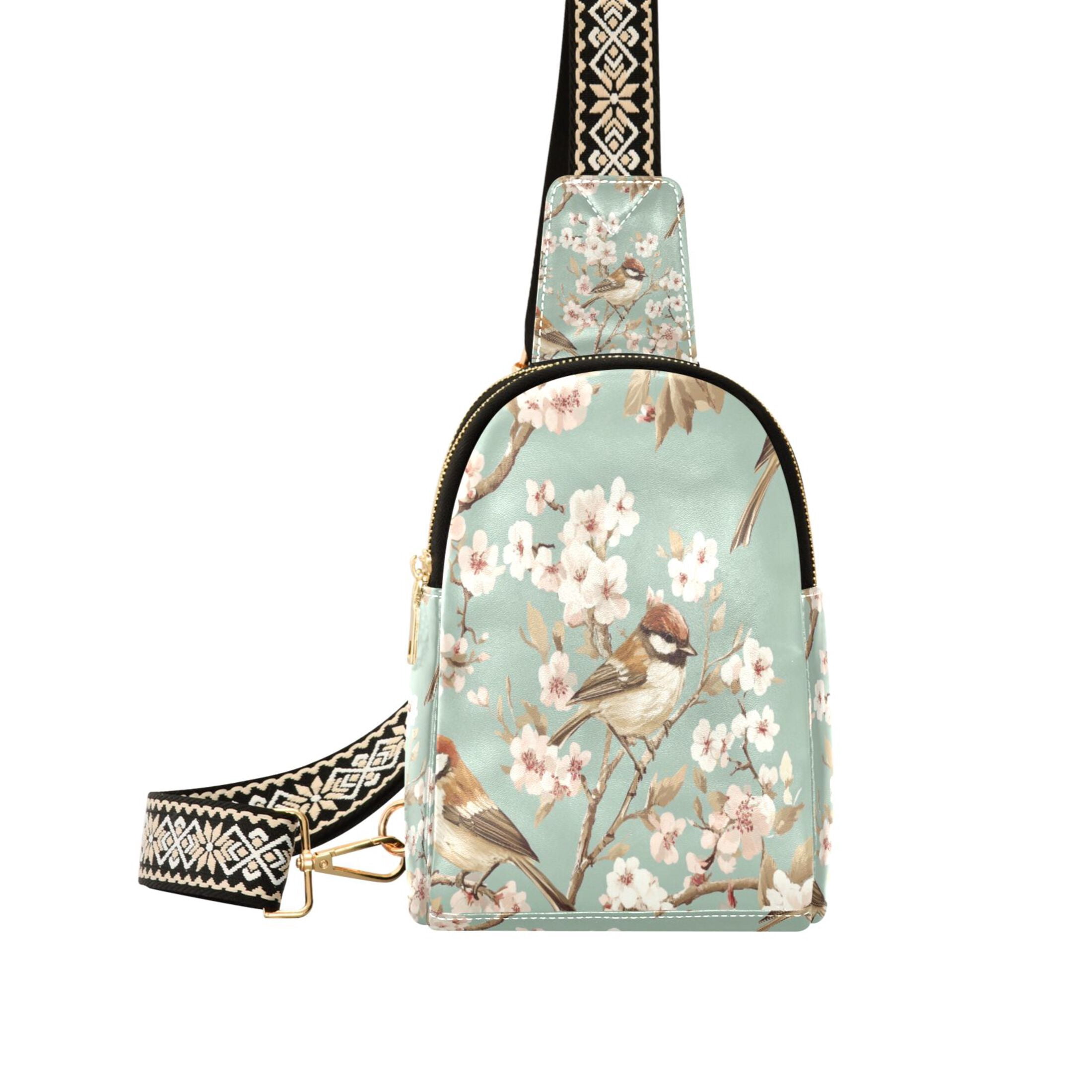 Birds and Flowers Women's PU Leather Crossbody Bag, Dual Zipper Pockets ...