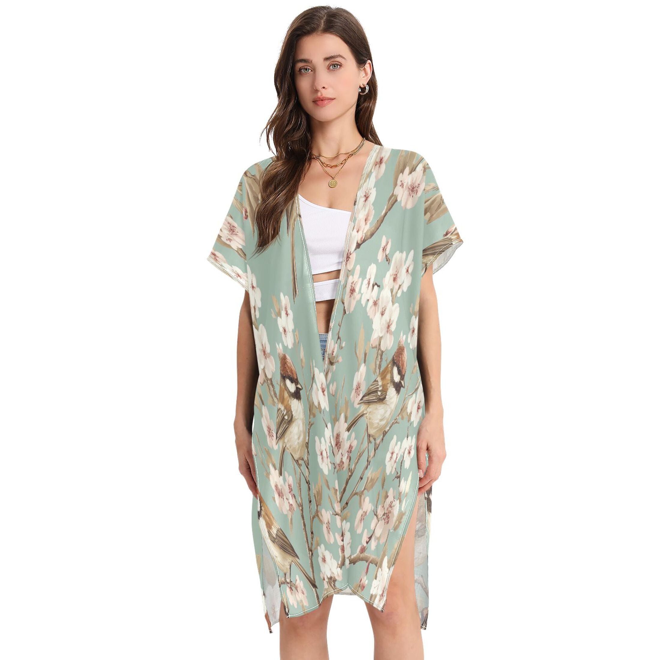 Birds and Flowers Women's Swimwear Cover Up Summer Cardigan Beach Pool ...