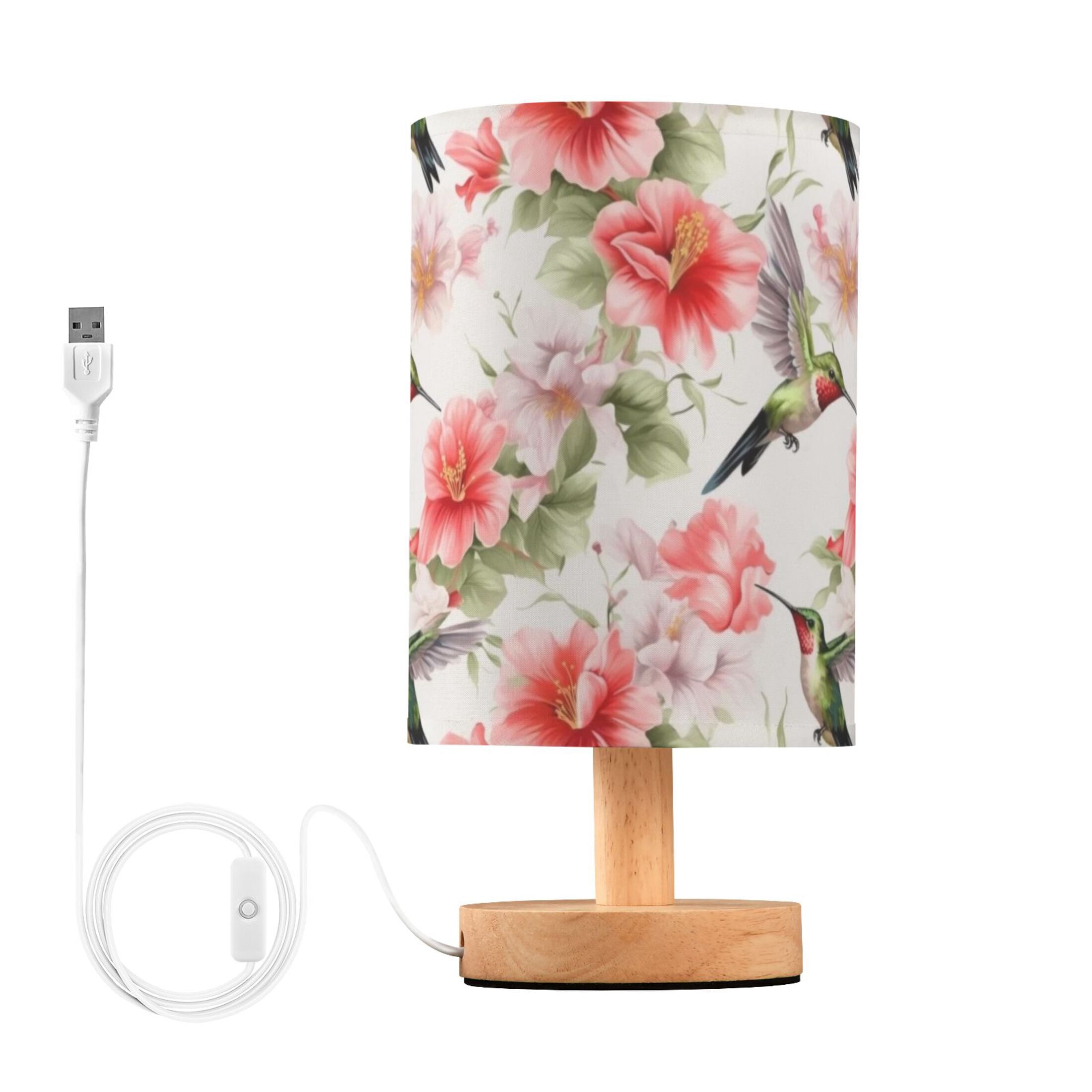 Birds and Hibiscus Flowers Bedside Table Lamp LED Warm Lights with USB ...